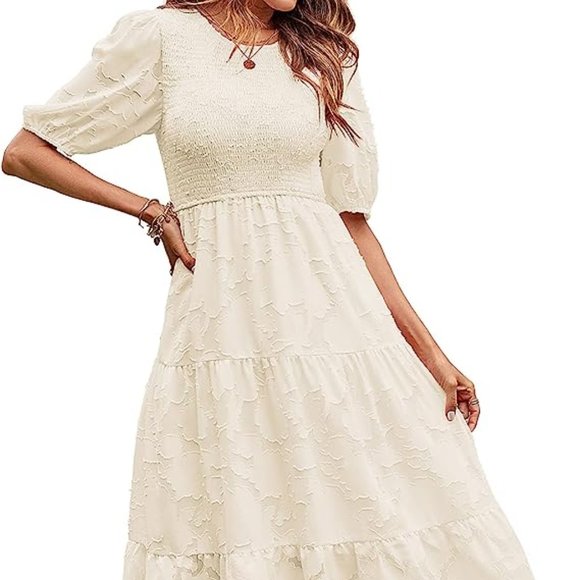 Merokeety | Dresses | Merokeety Puff Sleeve Smocked Floral Beige Midi ...